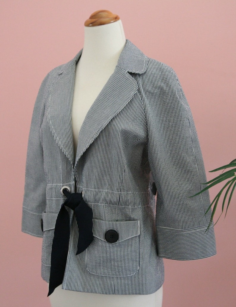 Denim and White Seersucker Tie Front Draw String Blazer Large Buttom ...