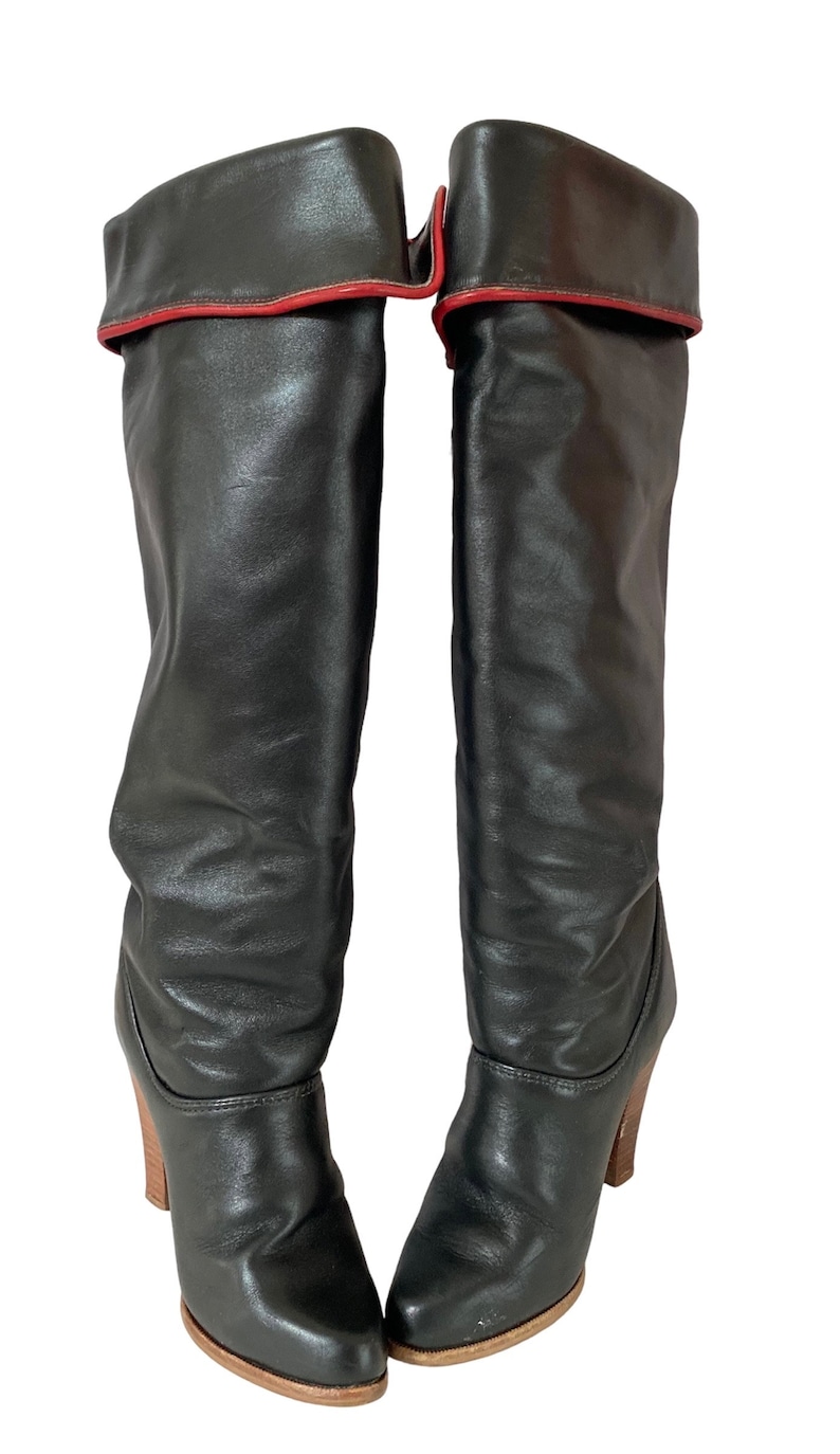 Ladies Zodiac Black and Red 6.5M Leather Knee High Cuff Boots, Circa ...