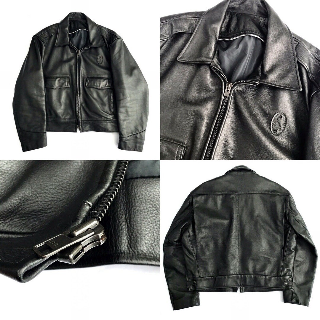 Vintage Genuine Leather Police Jacket Black Heavy 6lb Made in USA Mens ...