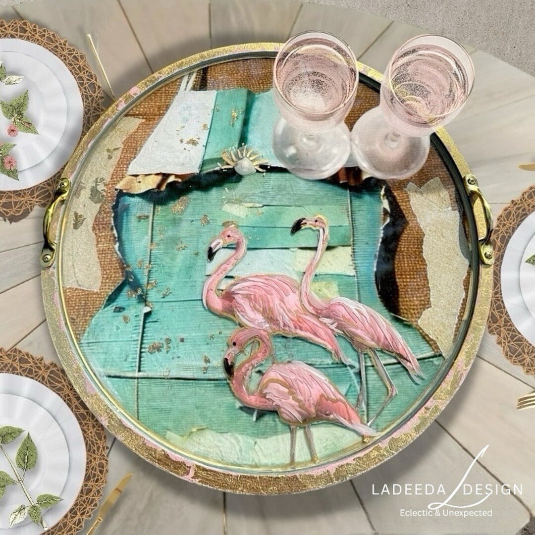 Flamingo Tray, Vintage Look Miami Beach Lazy Susan and Matching Tray ...