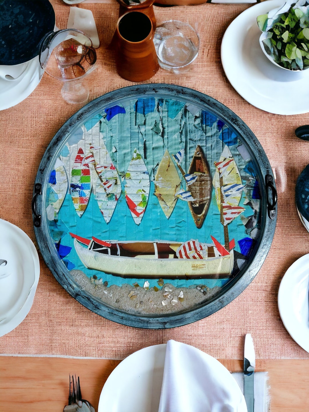Large Lazy Susan, Decorative Turn Table, Wood and Resin Kayak Tray ...