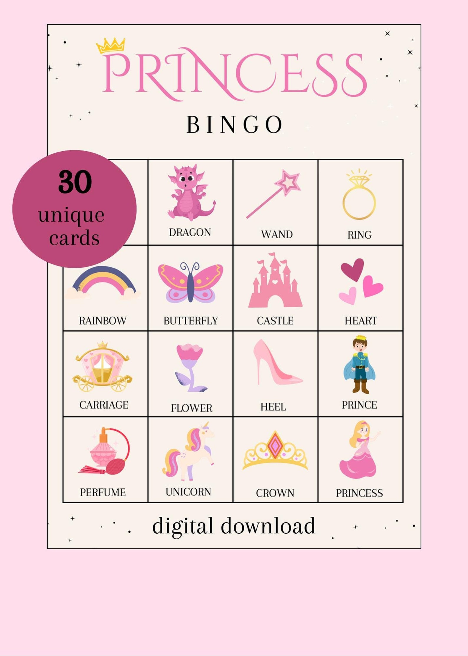 Princess Bingo Card! Digital Print With 30 Different Unique Cards! - Etsy