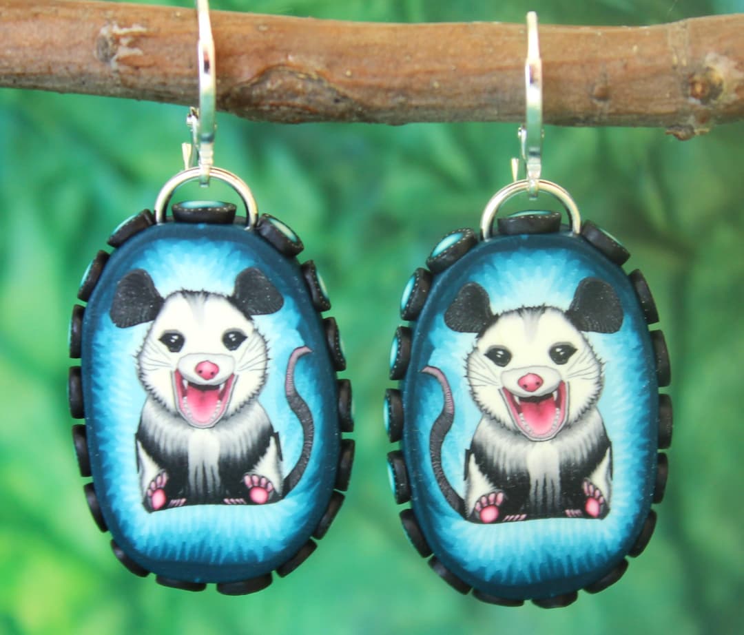 Large Polymer Clay Possum / Opossum Cane Slice Earrings With Silver ...