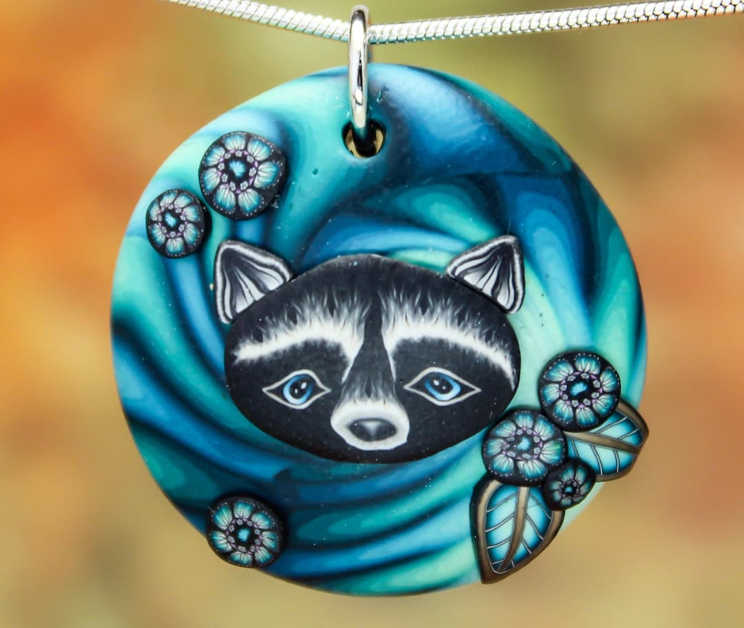 Polymer Clay Raccoon Pendant Necklace on 18" Silver-plated Chain (a16 ...
