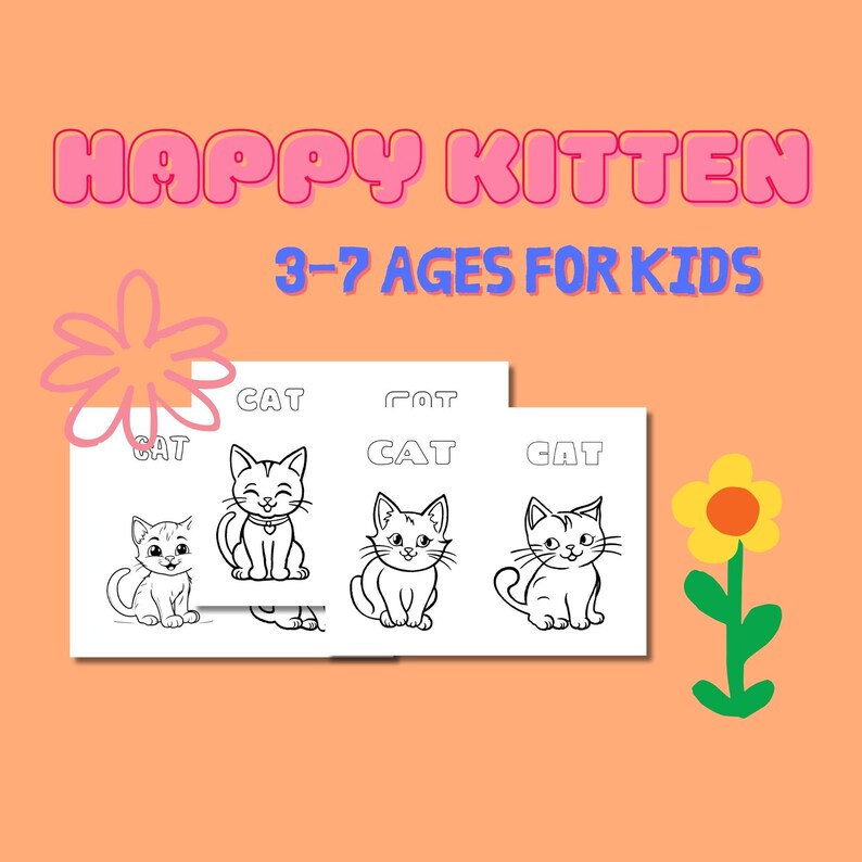 3-7 Ages for Kids of Happy Kitten Coloring Book, 15 Pages Cute Cats ...