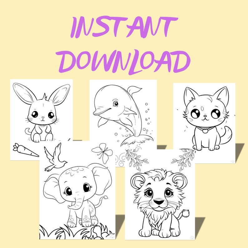 Adorable Animal Coloring Bundle for Kids, 5 Printable Pages for ...