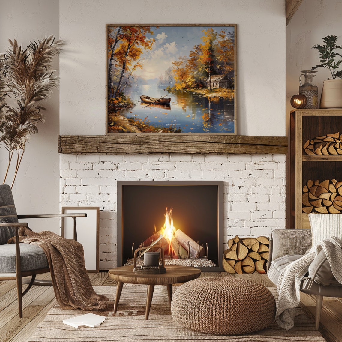 Rowing Boat Painting Boat on A Lake Artwork Lake Landscape With Rowing ...