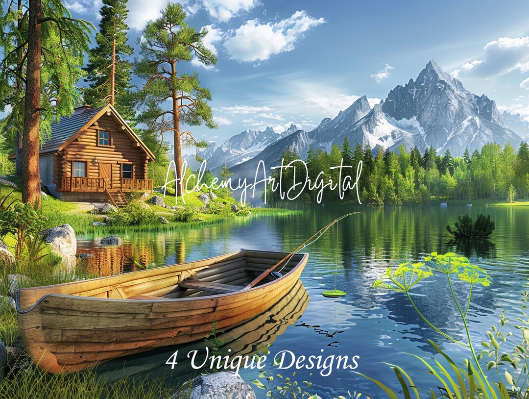 Log Cabin Art Lake Artwork Rustic Lakeside Cabin Painting Serene ...
