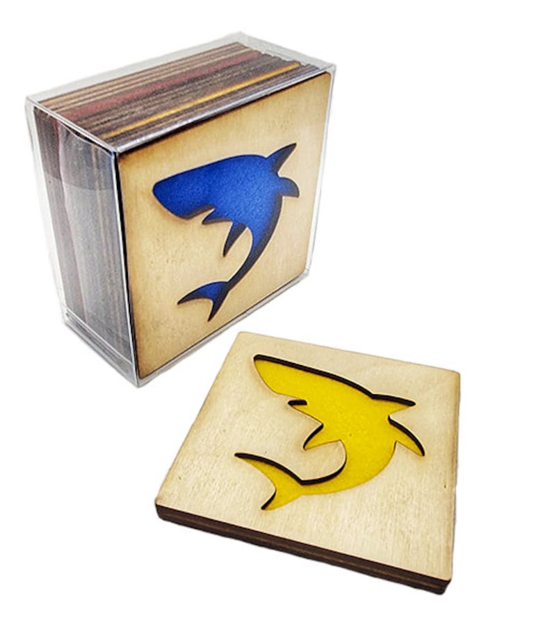 4 Shark Coasters Laser Cut Wood Natural Eco-friendly Waterproof Plywood ...