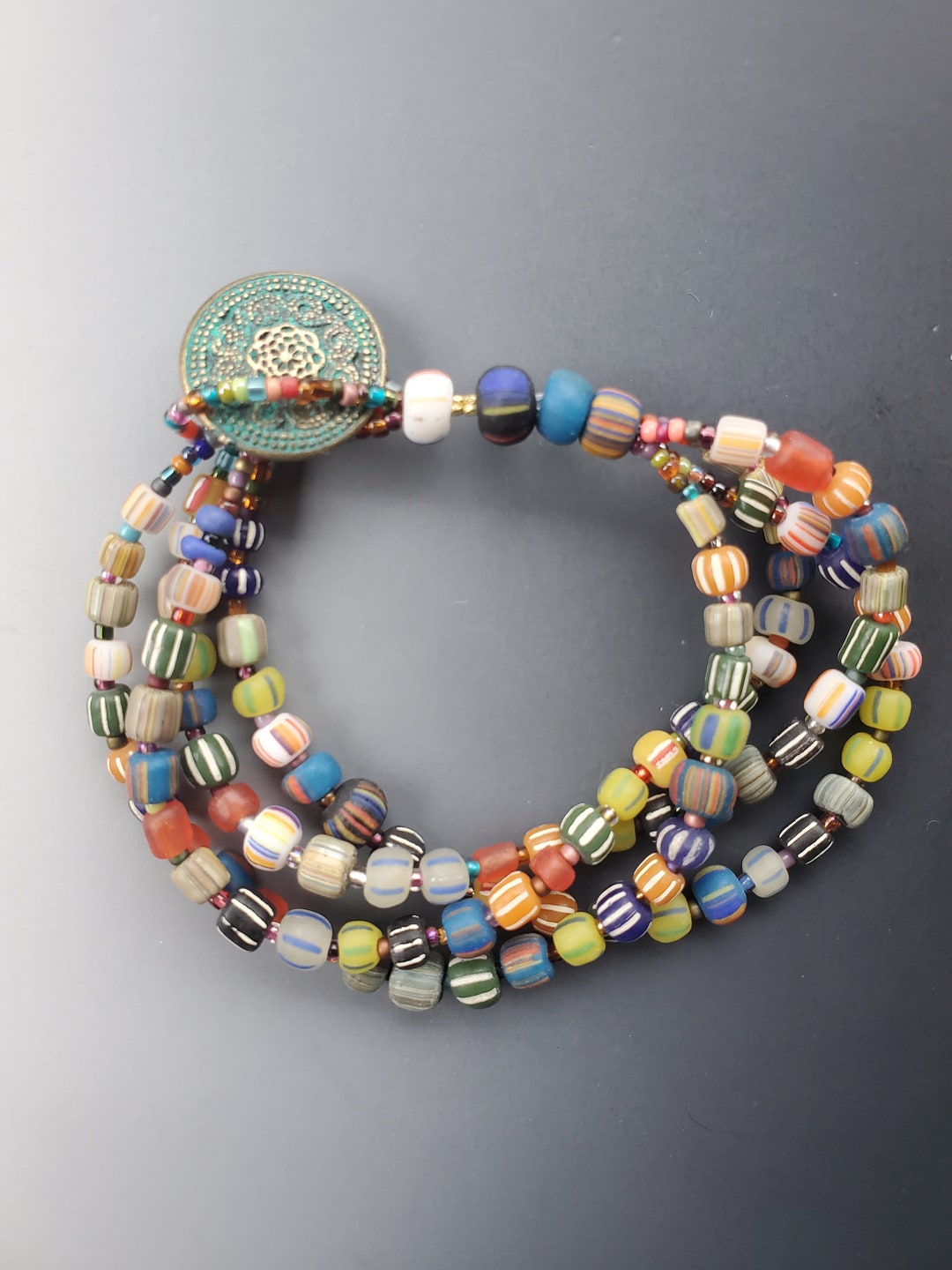 4 Strand Bracelet of Striped Indonesian Glass Beads With - Etsy