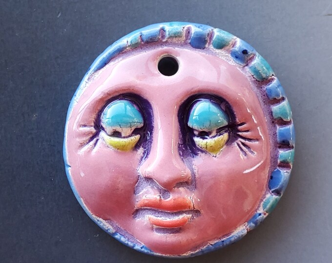 Reversible Ceramic Pink Moon Face Pendant With Purple Faces on the ...