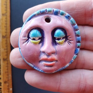 Reversible Ceramic Pink Moon Face Pendant With Purple Faces on the ...