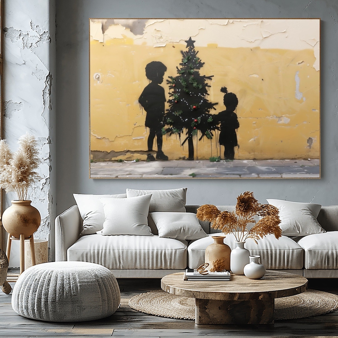 Banksy Inspired Black Canvas Art, Christmas Morning, Banksy Street Art ...