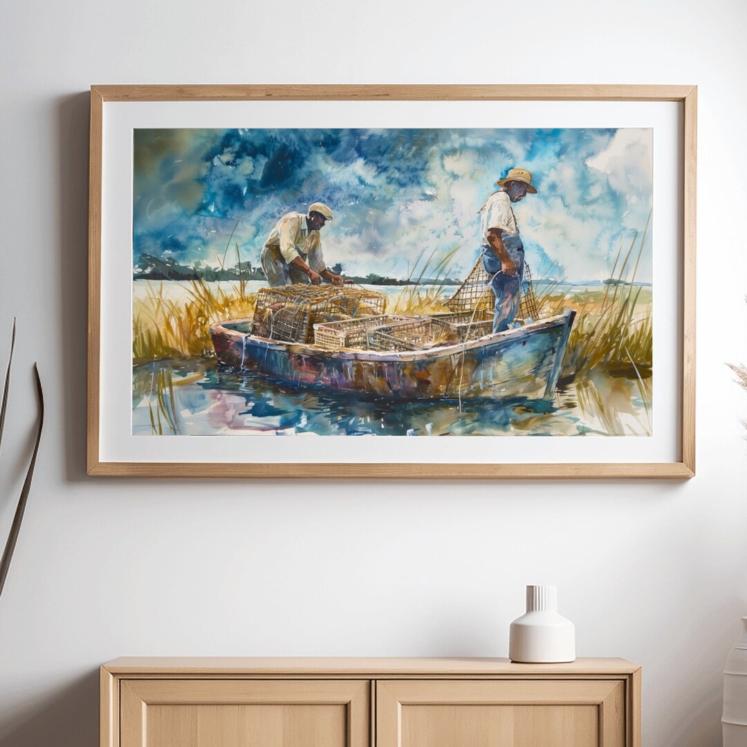 Gullah Geechee Art, Black Men Crabbing, Lowcountry Art Water Color ...