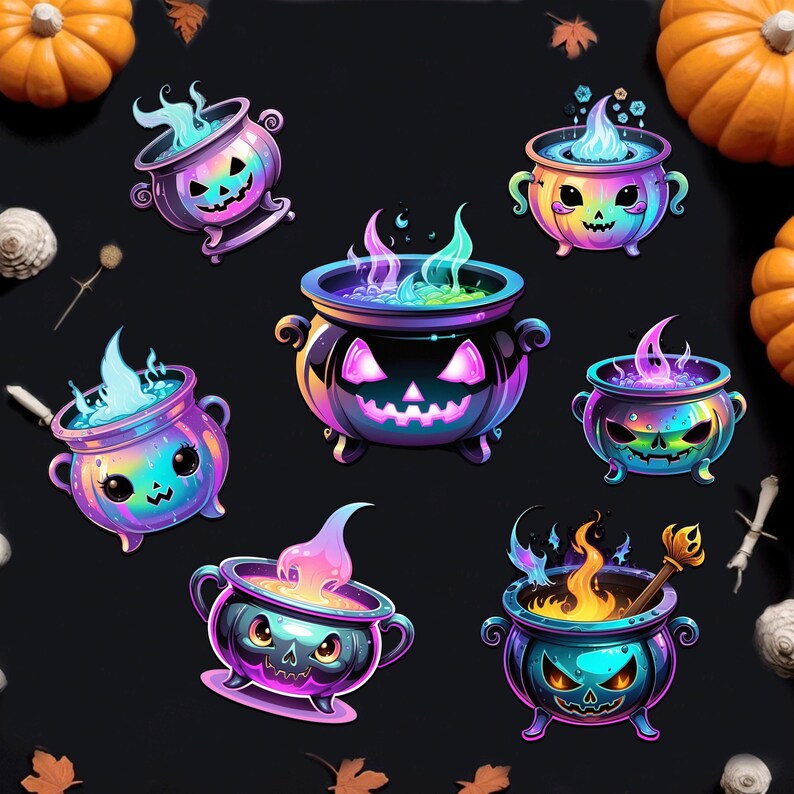 Holographic Witch Cauldron Clipart Set: Spooky Halloween PNG (digital ...