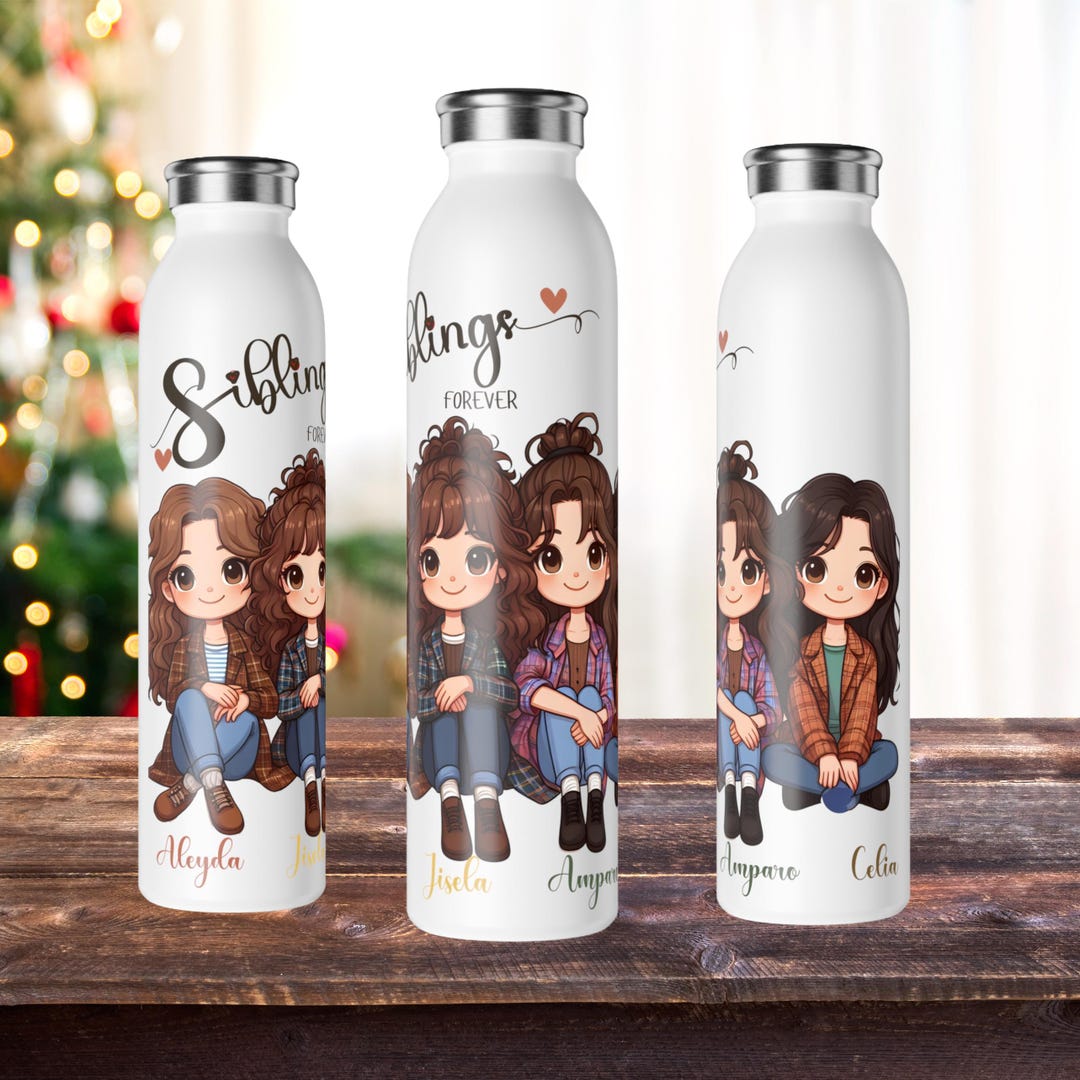 Custom Sisters Illustration Slim Water Bottle, Personalized Siblings ...
