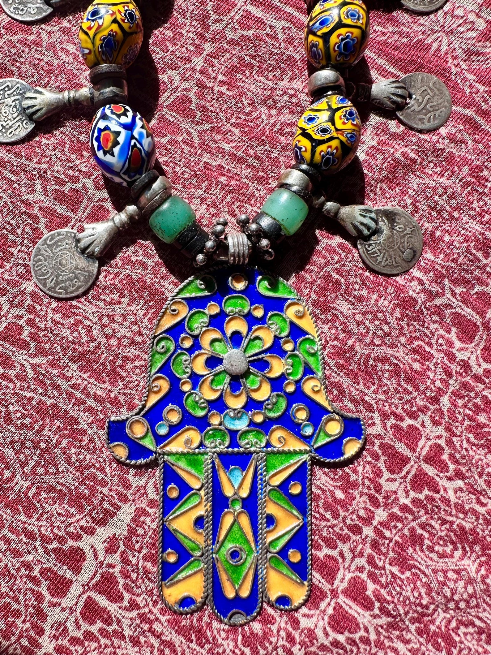 Exquisite Enameled Hamsa , Old Silver Coins Venetian Glass Beaded ...