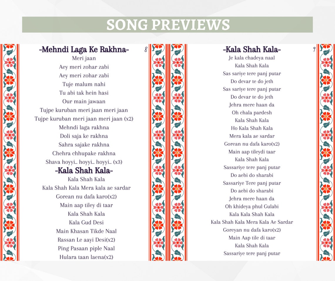 Mehndi Dholki Songs Lyrics Booklet Customizable Template, Printable ...