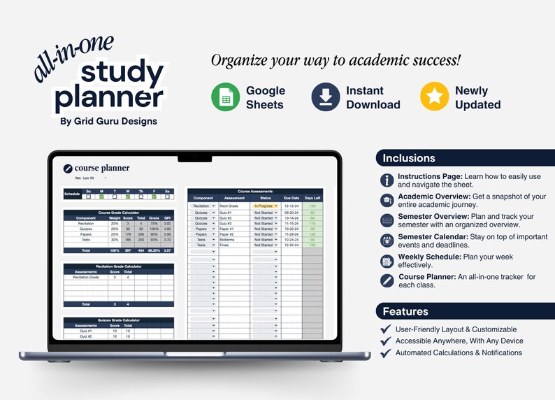 ALL-IN-ONE Study Planner, Google Sheet Template, Academic Organizer ...