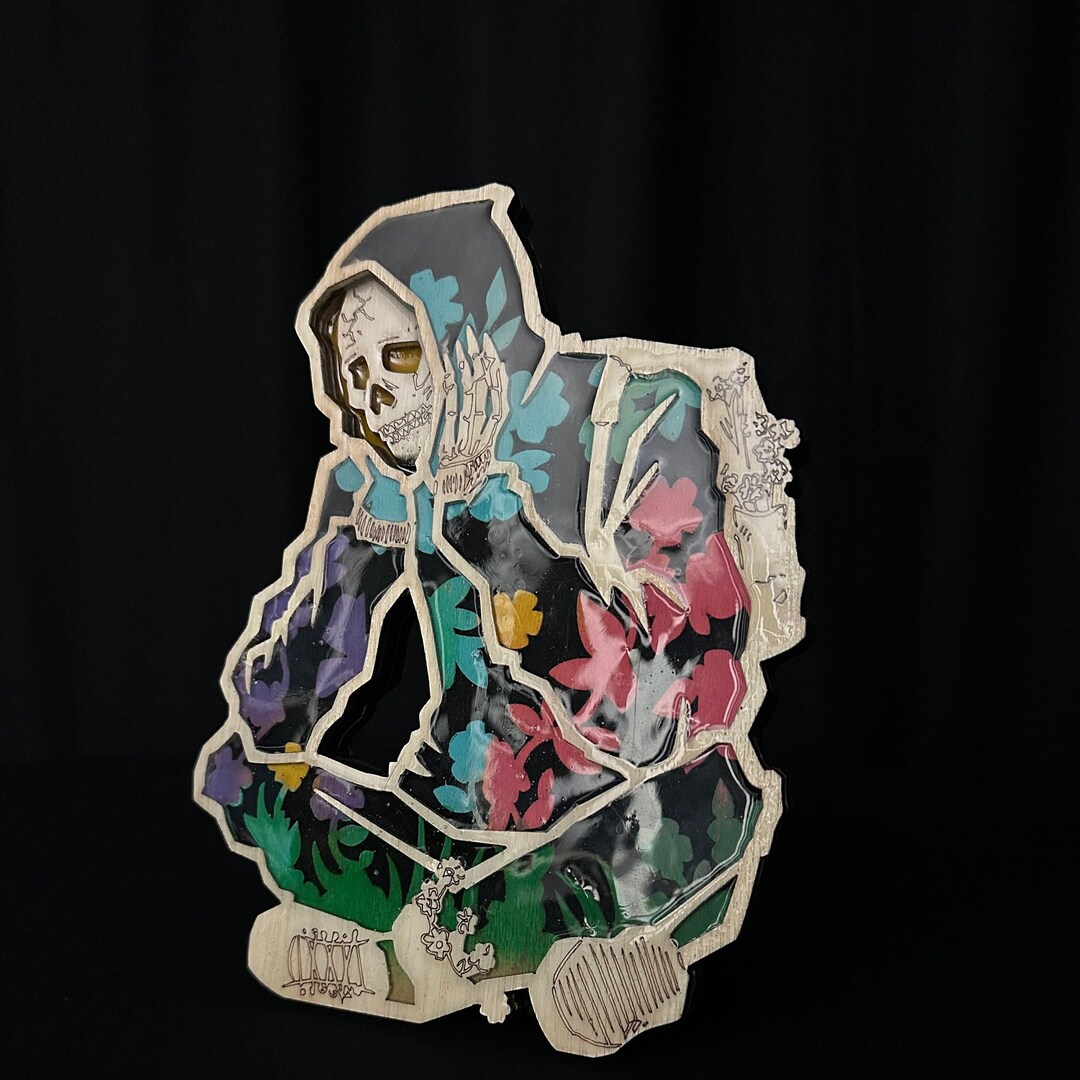 Skeleton Skater Crying Flowers Epoxied Layered Wood Art - Etsy