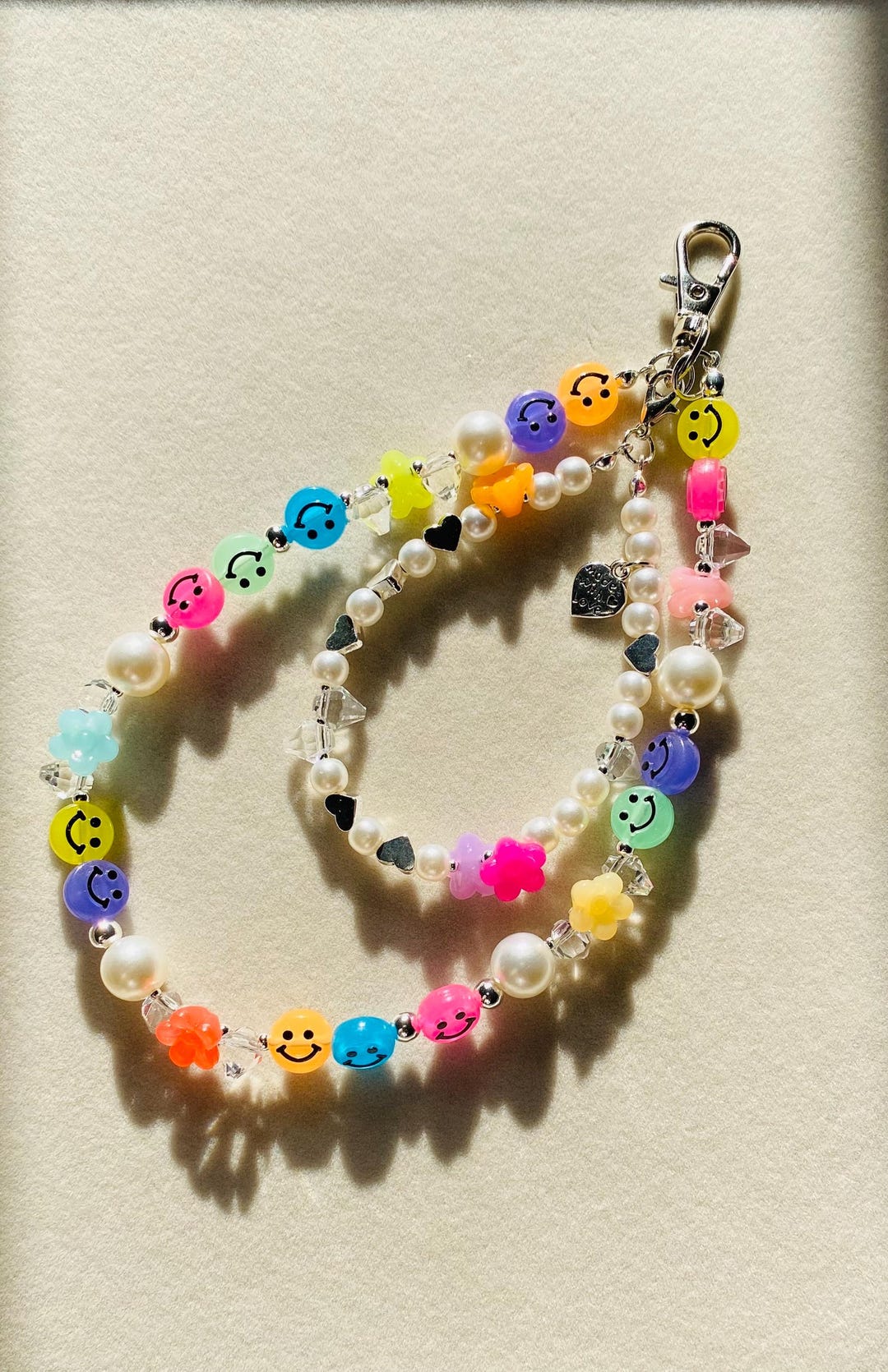 Pearl Beads Phone Charm Smiley Crystal Flower Beads Wrist Mobile Strap ...