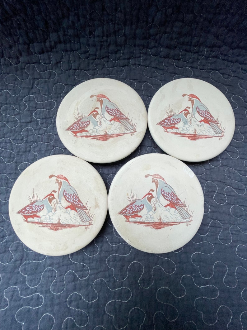 Quail Coasters Ceramic Unglazed Rustic Chippy Shabby Chic Set of Four ...