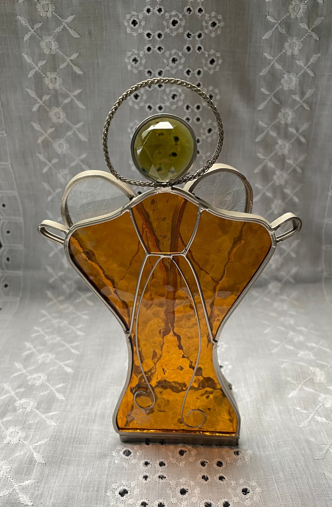Stained Glass Angel Figurine: Harvest Gold, Faceted Head, Frosted Wings ...