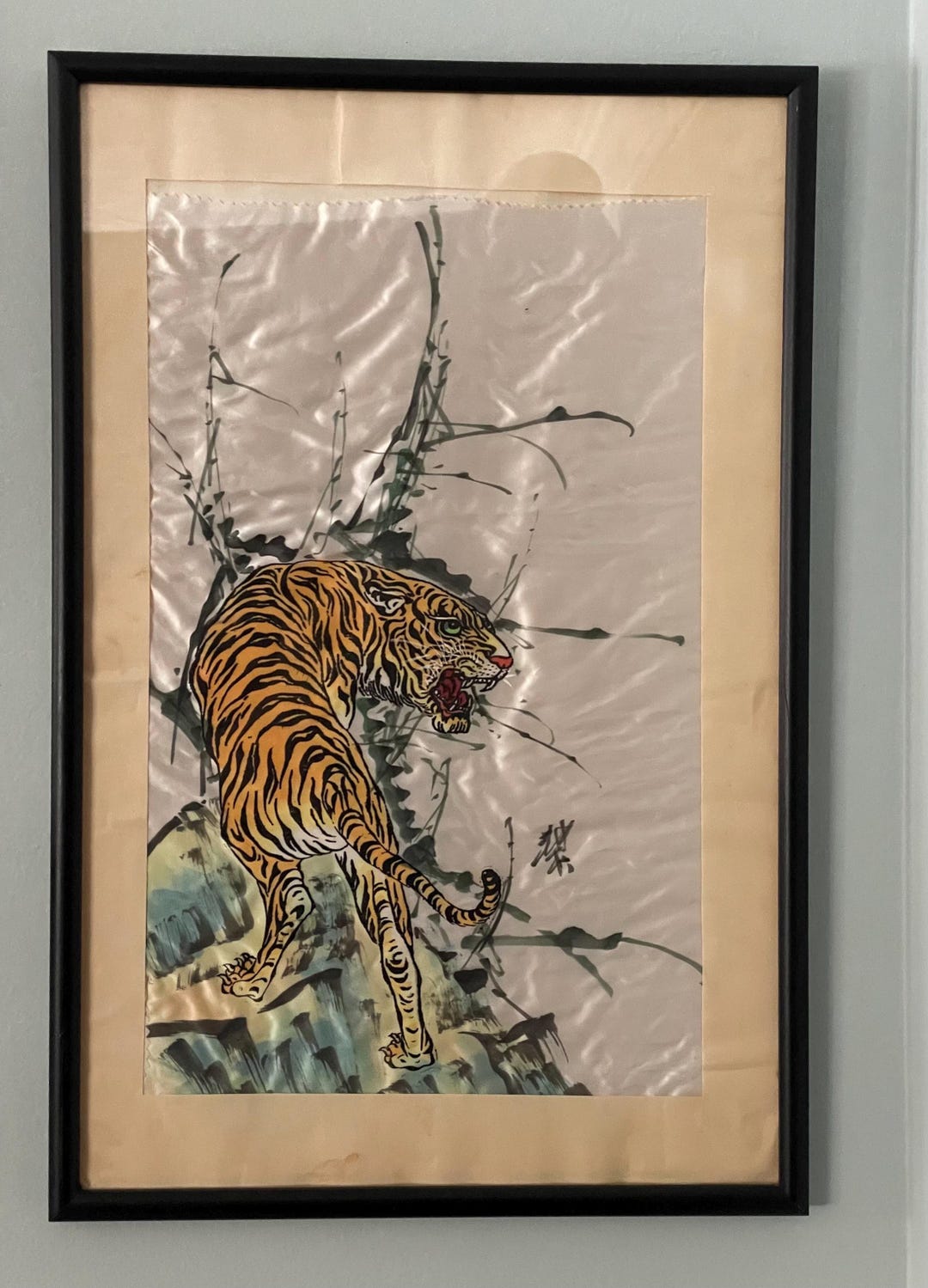 Tiger Climbing Mountain Asian Painting Signed on Silk/satin Artwork ...