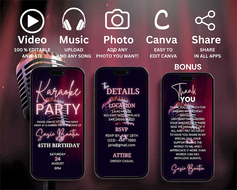 Karaoke Party Birthday Video Invitation, Animated Music Singing ...