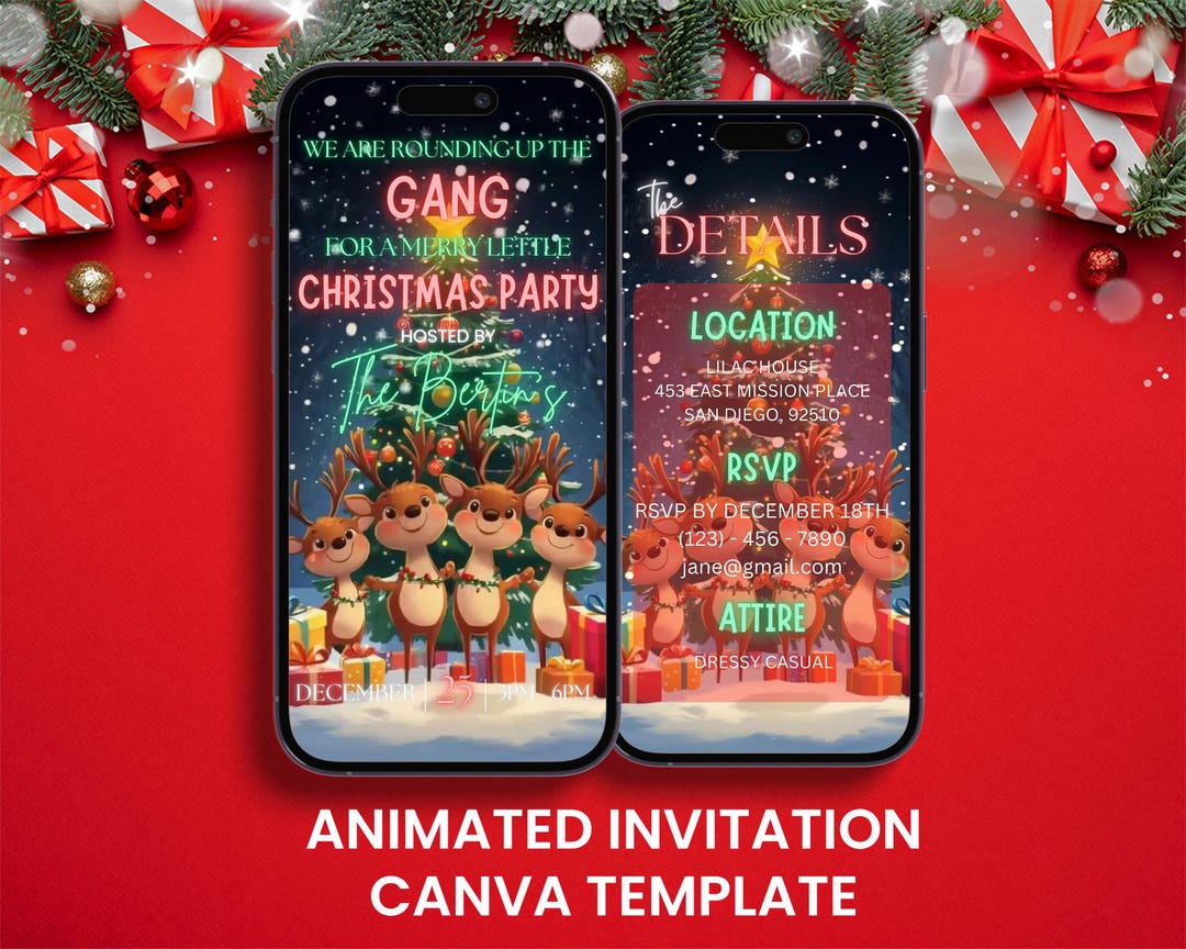 Animated Reindeer Rounding up Gang Christmas Party Invitation, Mobile ...