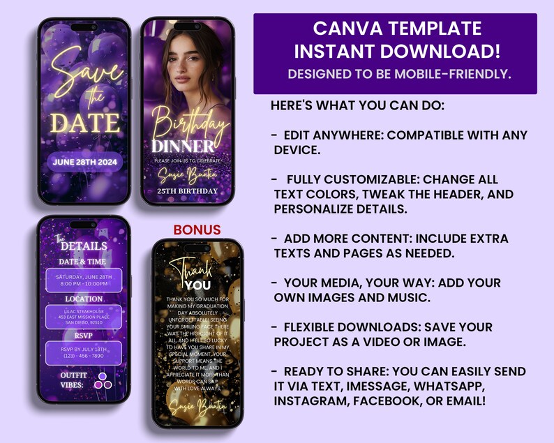 Animated Purple Birthday Dinner Video Invitation, Digital Party Invite ...