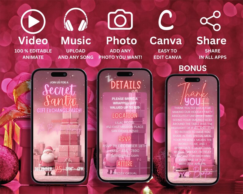 Pink Secret Santa Animated Invitation, Christmas Gift Exchange (digital ...