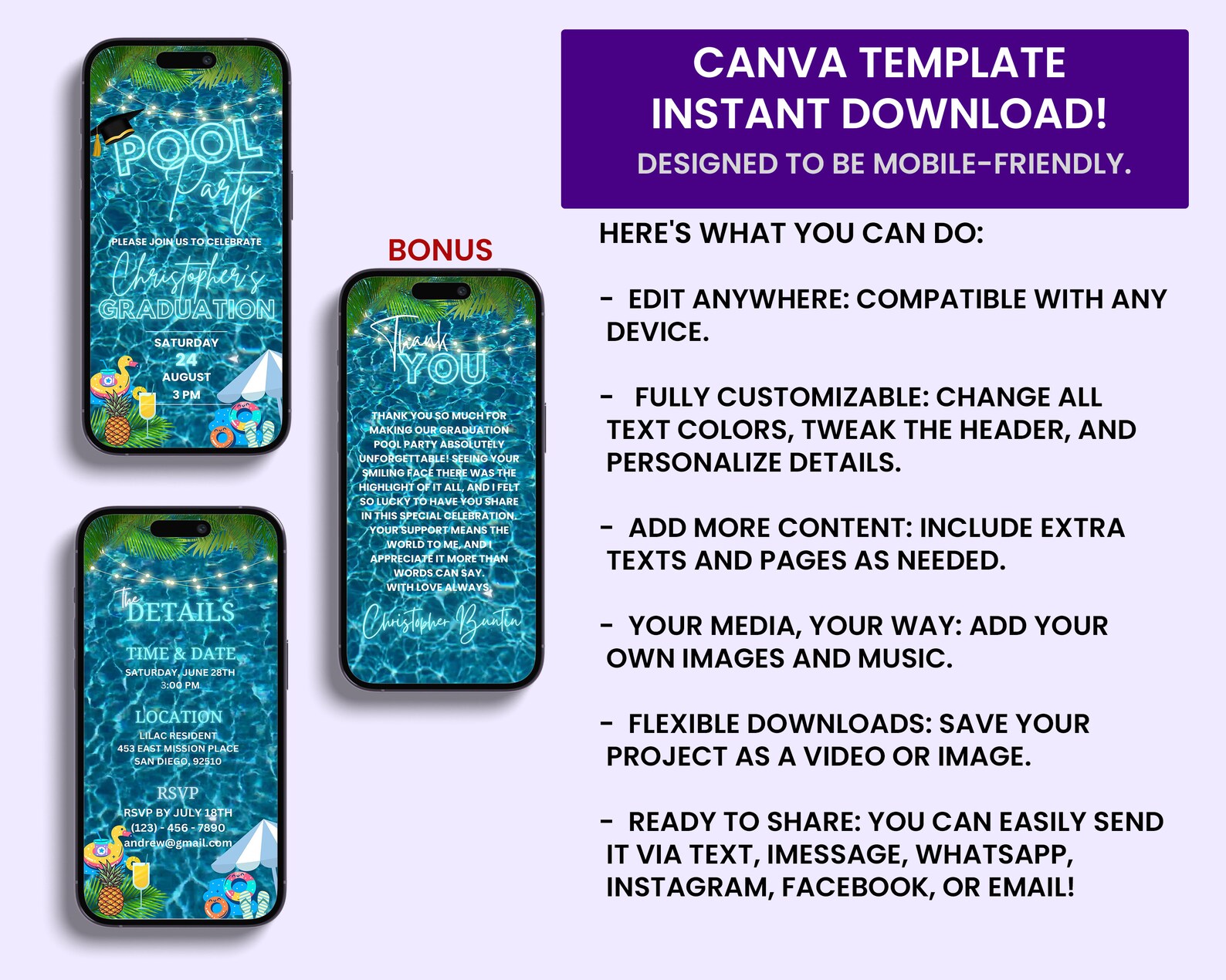 Graduation Pool Party Invitation, Animated Blue Grad Video, Class of ...