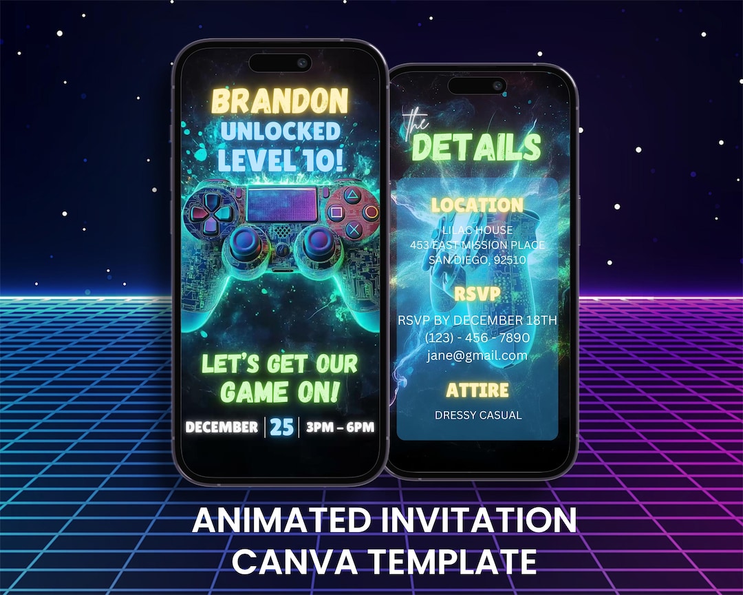 Level 10 Unlocked Birthday Video Invitation, Neon Gaming Theme (canva ...