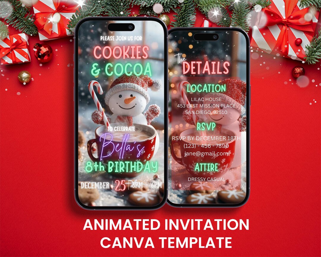Cookies and Cocoa Birthday Invitation, Animated Snowman Hot Chocolate ...