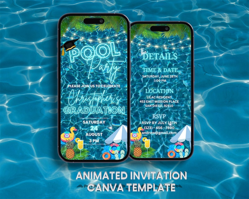Graduation Pool Party Invitation, Animated Blue Grad Video, Class of ...