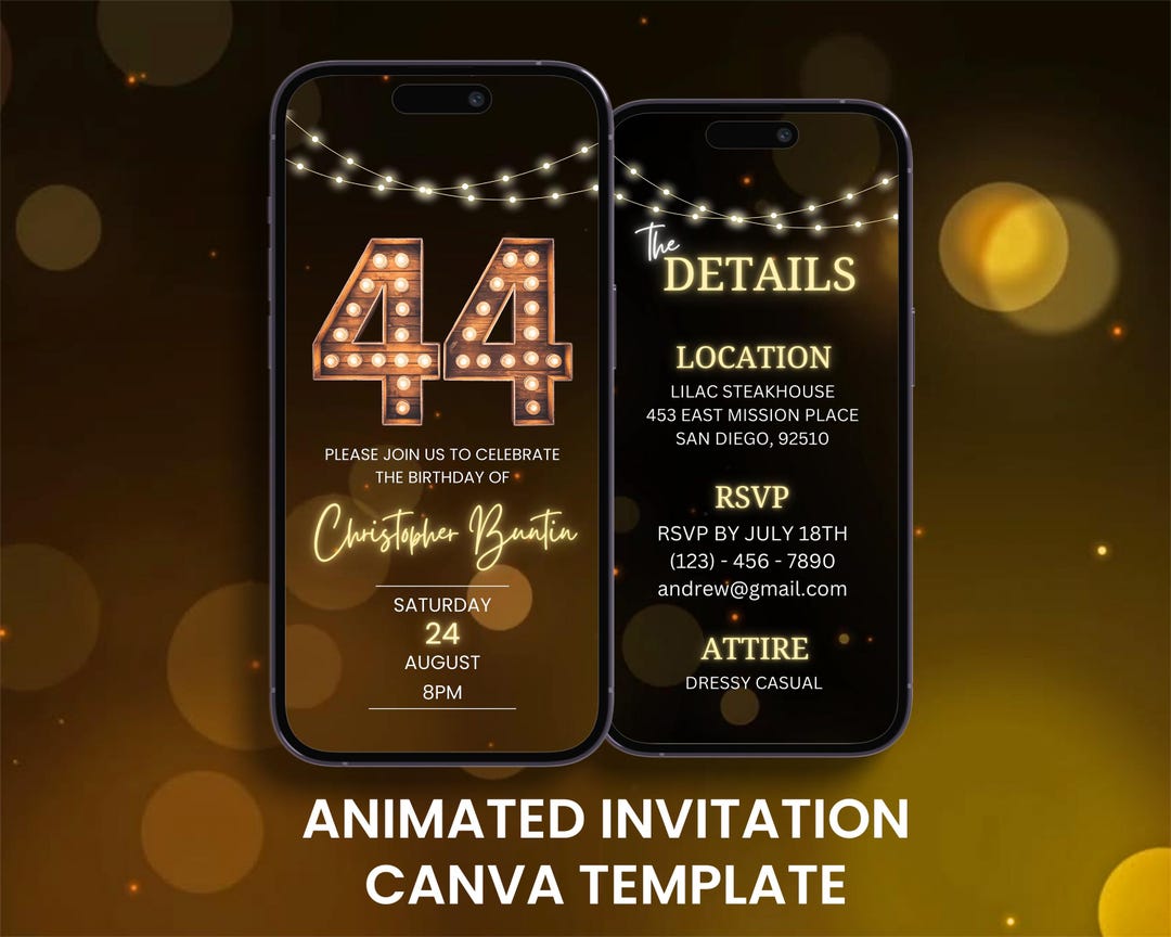 44th Rustic Birthday Invitation, Animated Forty Fourth Party Wood Neon ...