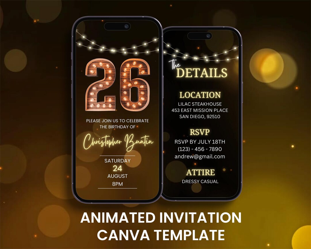 26th Rustic Birthday Invitation, Animated Twenty Sixth Party Wood Neon ...