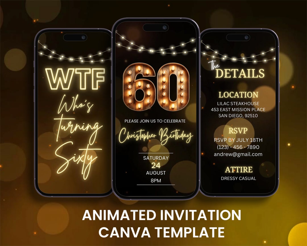 WTF Who's Turning Sixty Birthday Invitation, Animated 60th Party Rustic ...