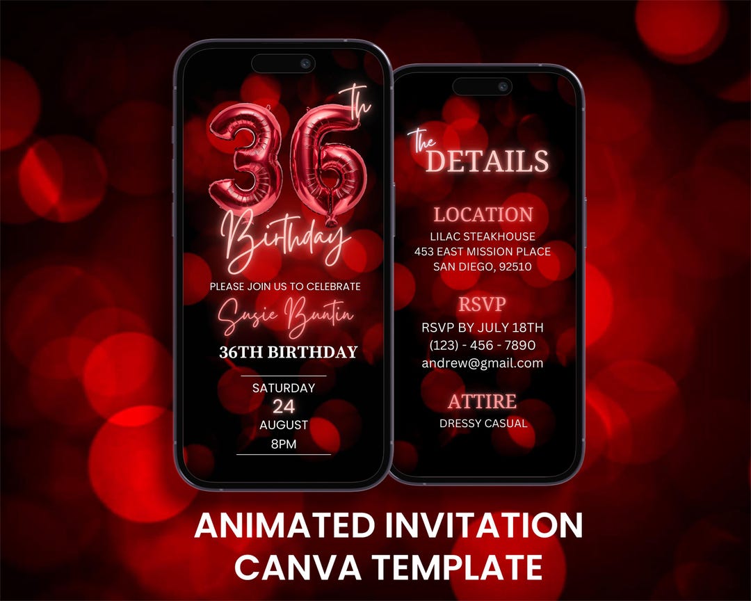 Animated 36th Birthday Invitation: Red Neon Balloon Evite (digital ...