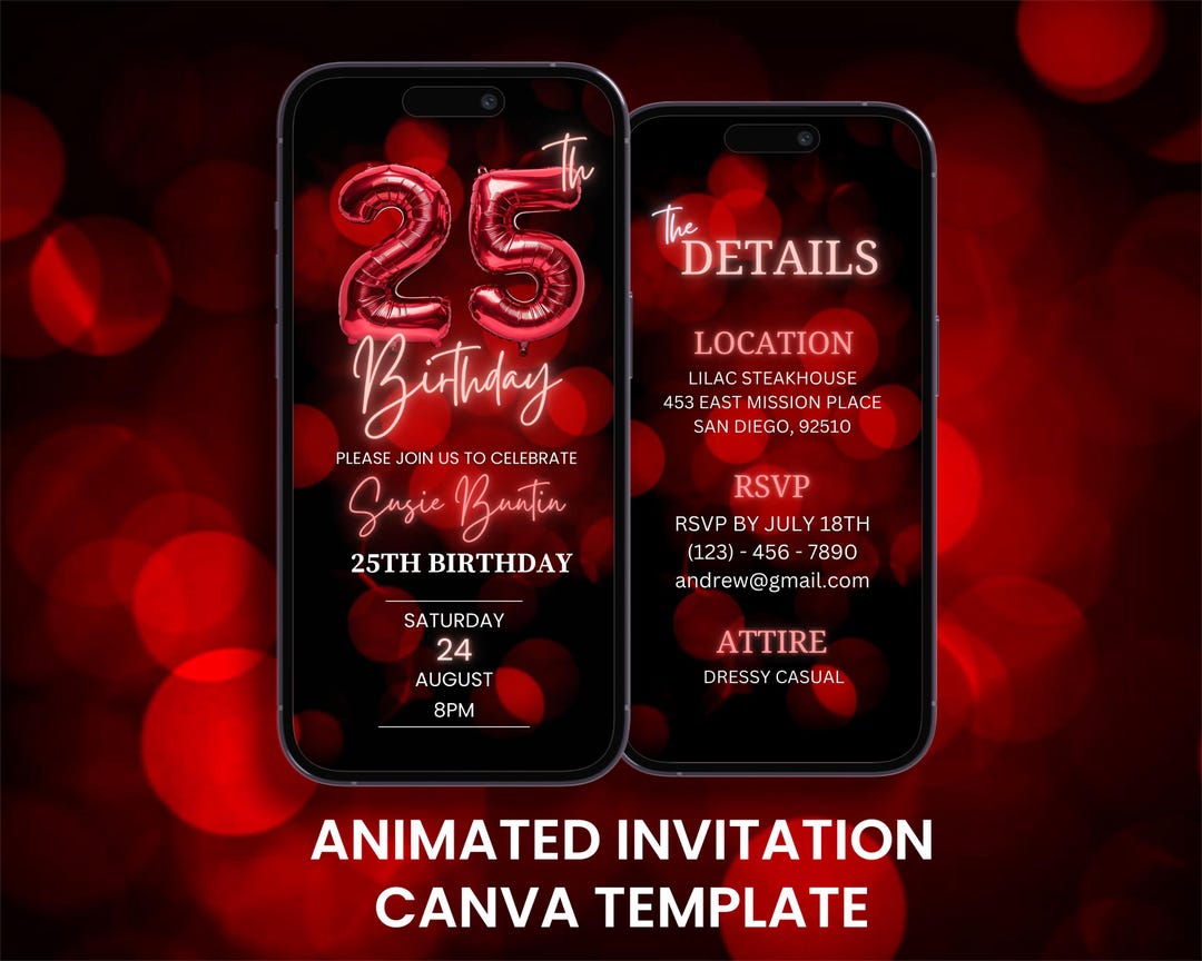 25th Red Birthday Animated Invitation: Neon Balloon Evite (digital) - Etsy