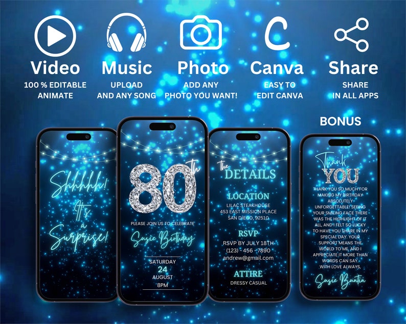 Surprise 80th Birthday Invitation: Diamond Blue Animated Video (digital ...