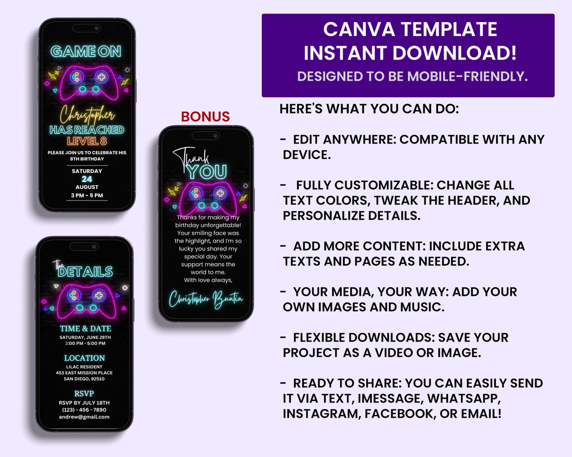 Game Party Invitation, Animated Gaming Birthday Party Evite Boys ...