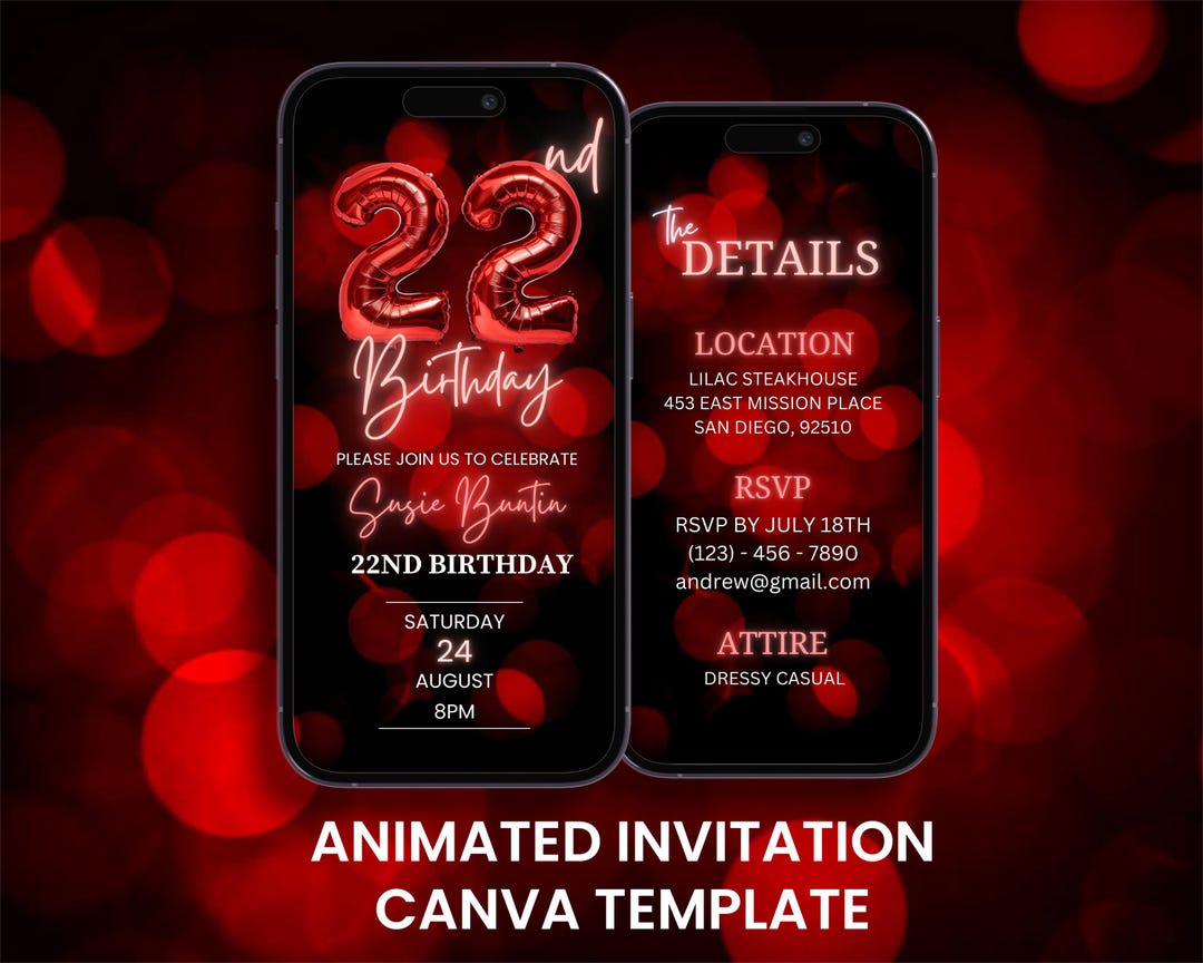 22nd Red Birthday Invitation, Animated Twenty Second Party Balloon Neon ...