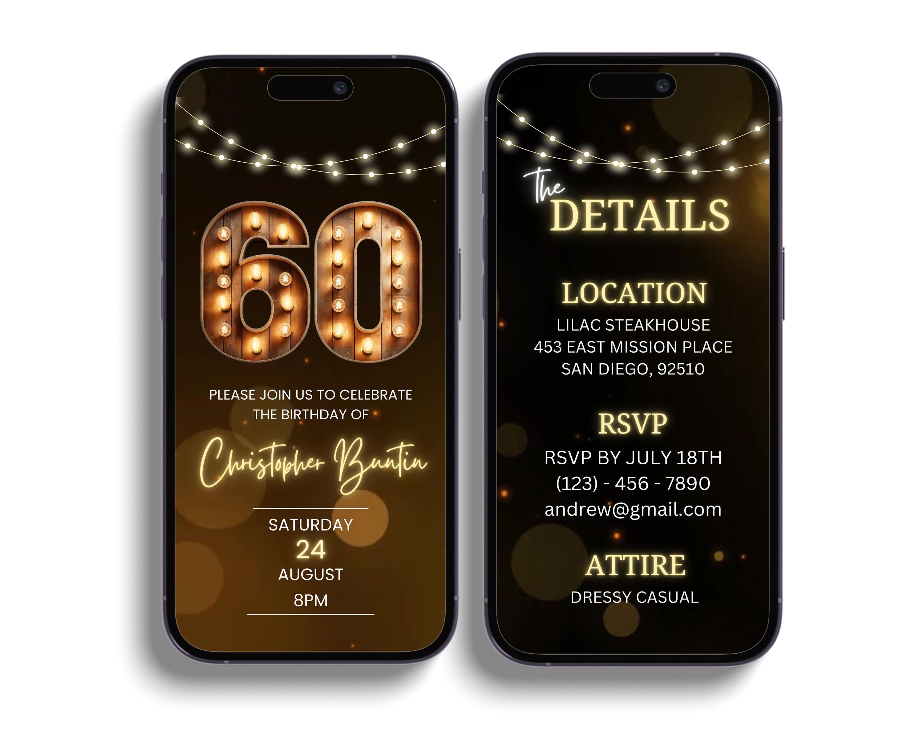 Rustic 60th Birthday Invitation: Animated Neon Mobile Evite (digital ...