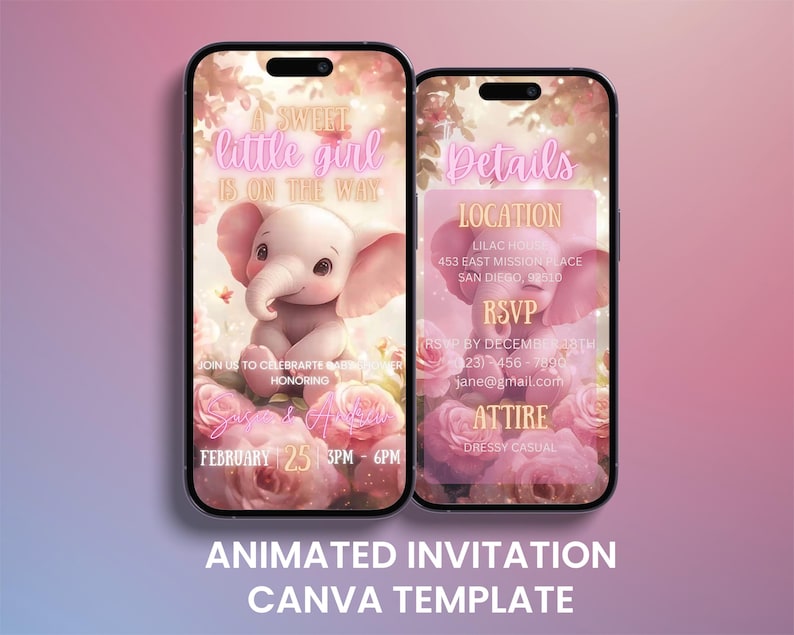 Girl Elephant Baby Shower Video Invitation, Animated Adorable Pink ...