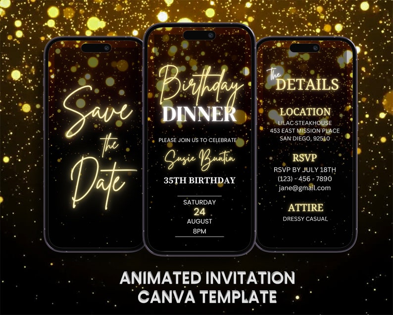 Black Gold Birthday Dinner Video Invitation, Party Invite Animated ...