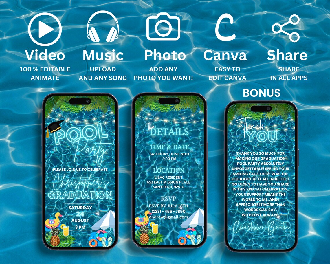 Graduation Pool Party Invitation, Animated Blue Grad Video, Class of ...