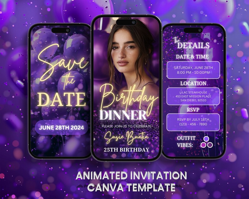 Animated Purple Birthday Dinner Video Invitation, Digital Party Invite ...
