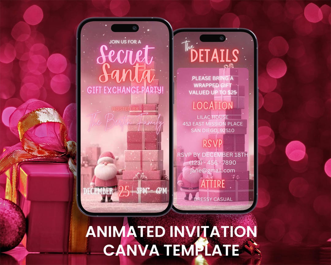 Pink Secret Santa Animated Invitation, Christmas Gift Exchange (digital ...
